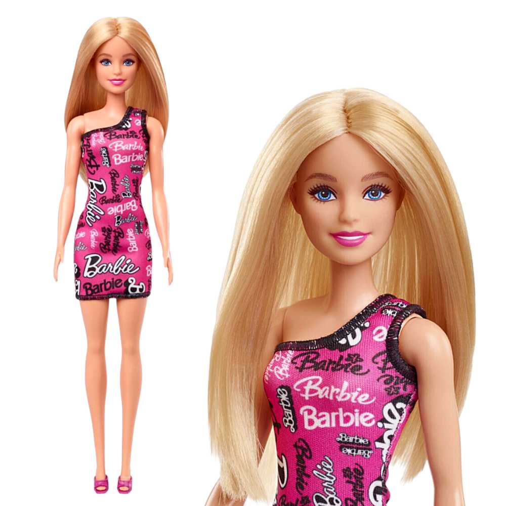 Barbie Fab Basic Doll in One-Shoulder Pink Printed Barbie Dress ...